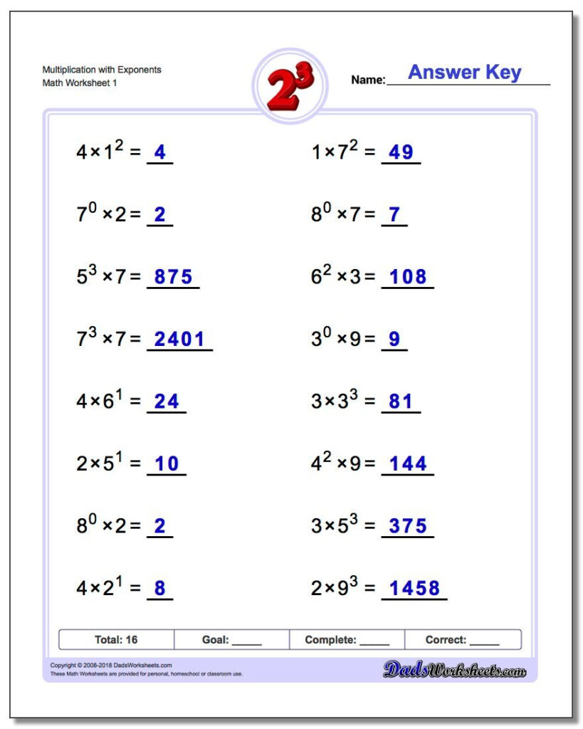 Exponents Worksheets | Multiplication Worksheets