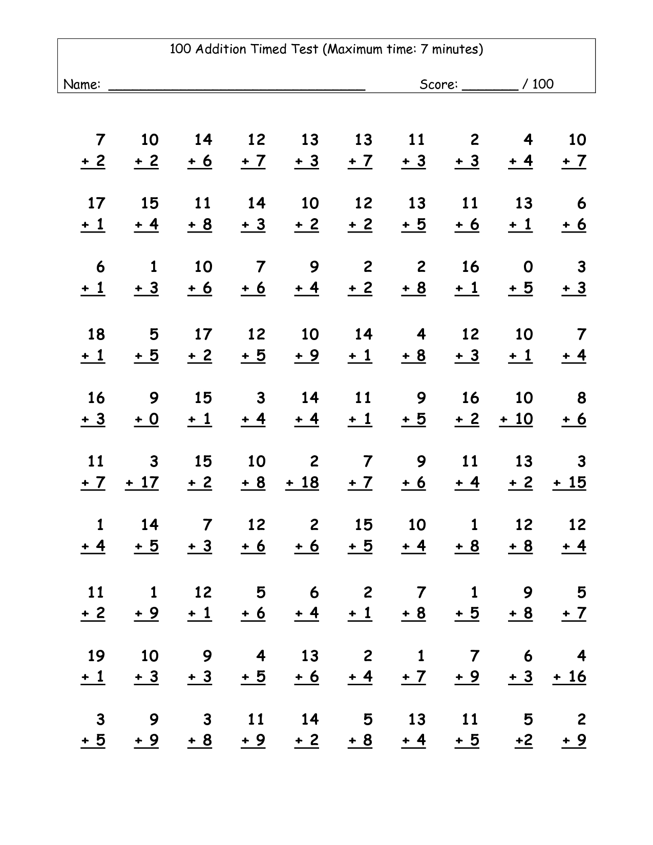 100 Problem Multiplication Timed Test Multiplication Worksheets