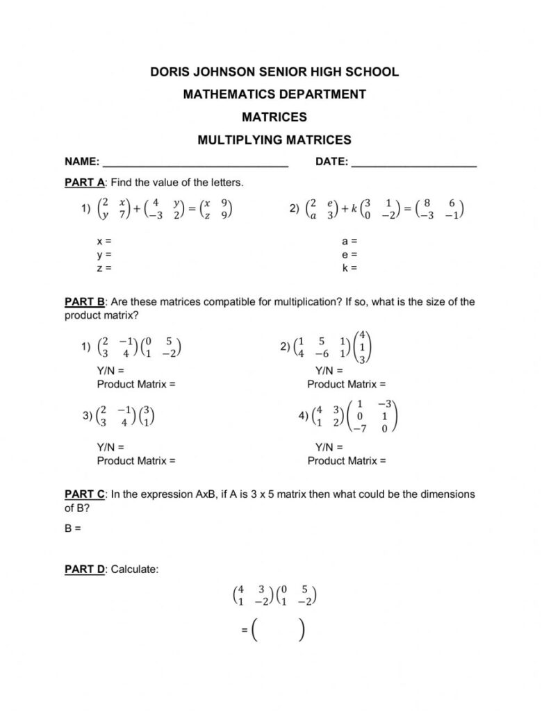 Matrix Multiplication Worksheet | Multiplication Worksheets Matrix Multiplication Worksheet | Multiplication Worksheets