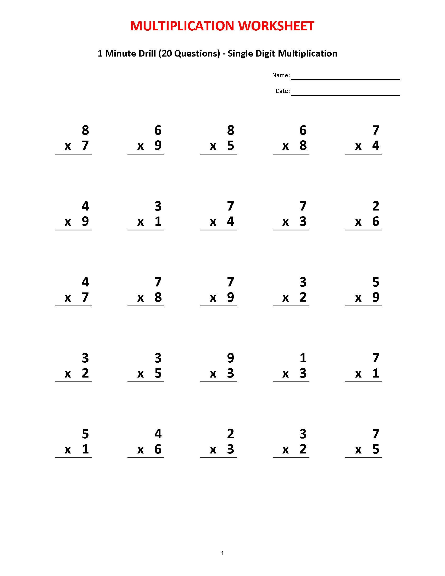 1 Minute Math Drills Multiplication Multiplication Worksheets