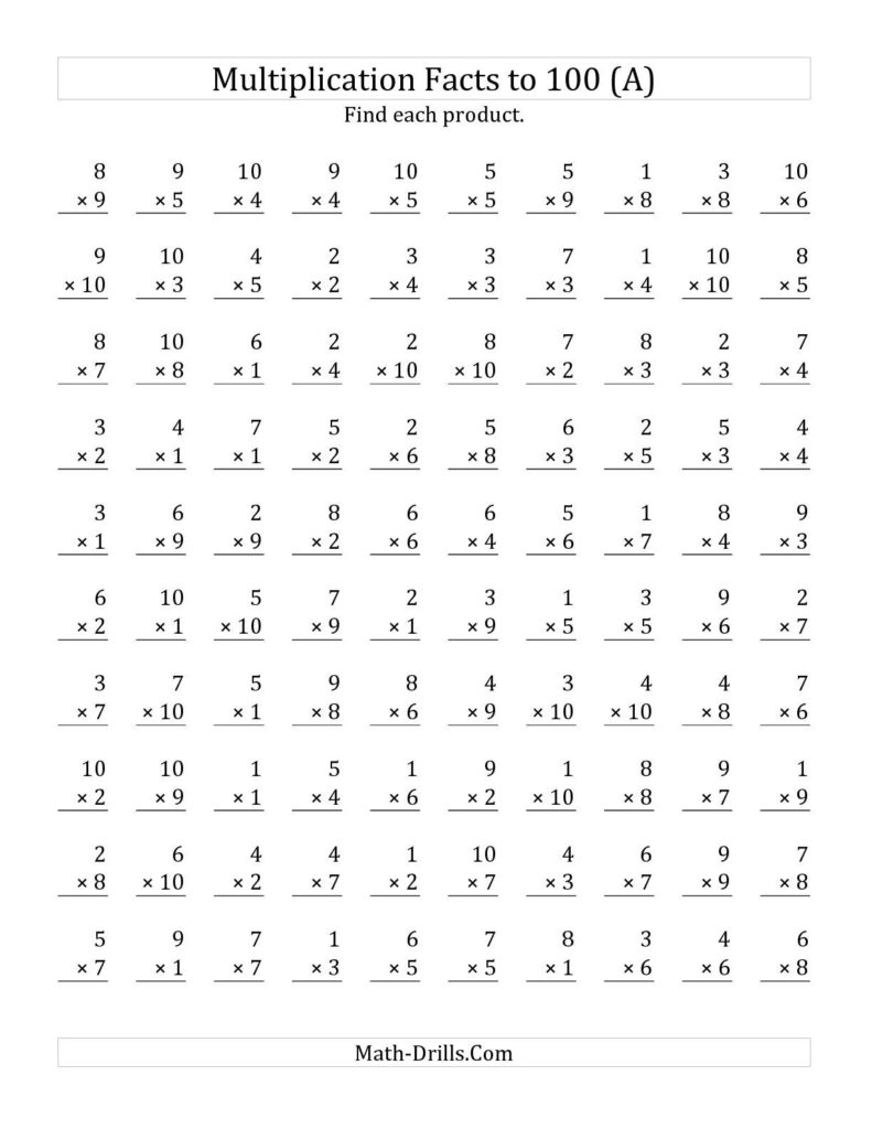 Multiplication Worksheets 100 Problems Times Tables Worksheets ...
