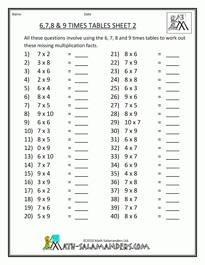 Multiplication Table Worksheets 6 9 Multiplication Worksheets