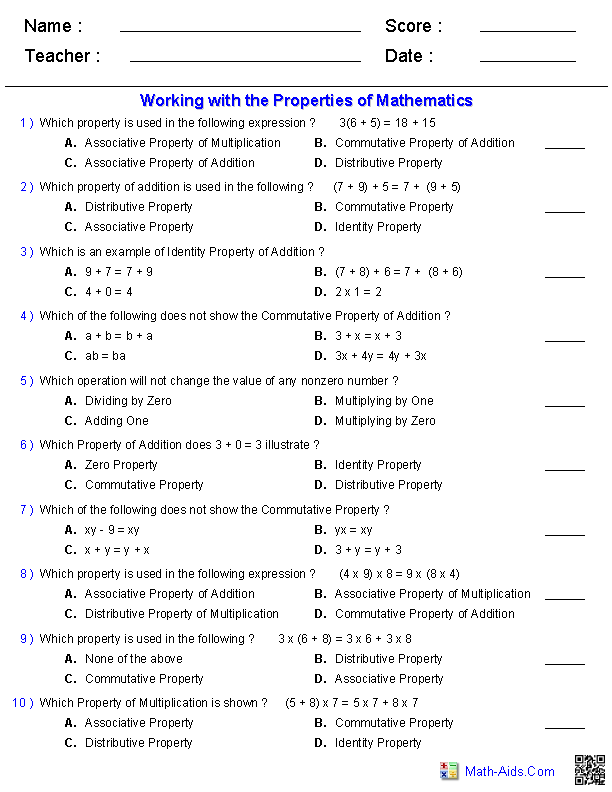 Math Worksheets Properties Of Addition And Multiplication 
