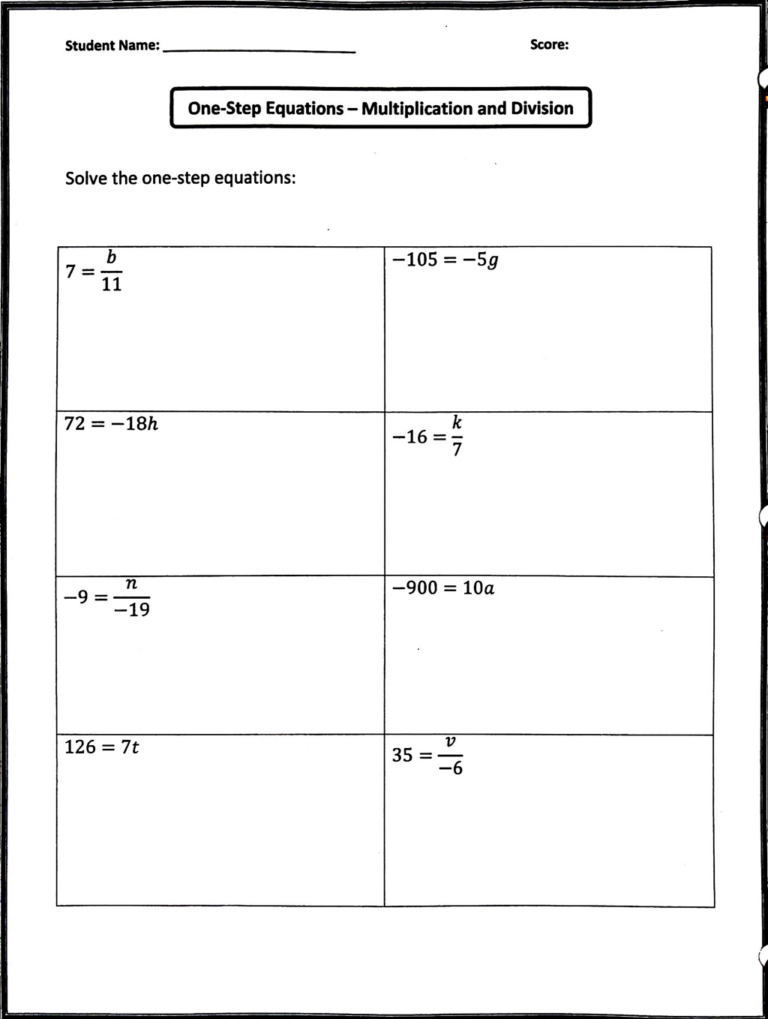 One Step Equations Worksheet Multiplication and Division ...