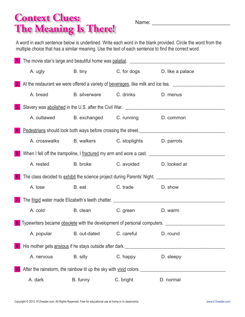 Context Clues Worksheets Multiple Choice with Answers | Multiplication ...