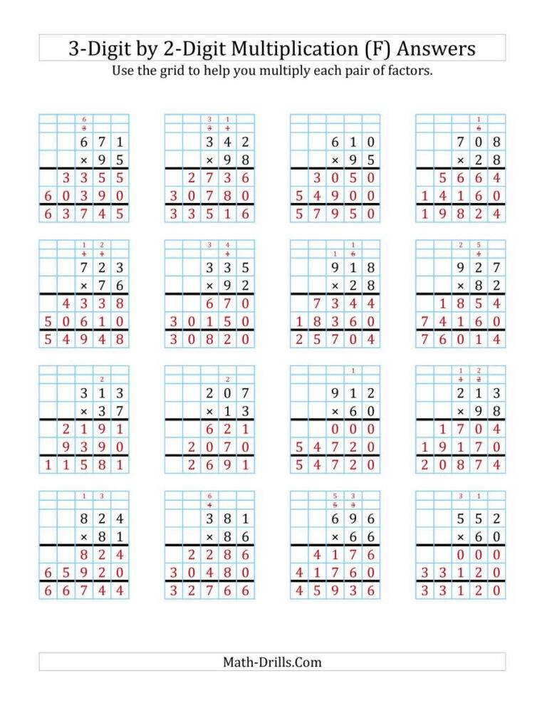 3 Digit by 2 Digit Multiplication Worksheets with Answers ...