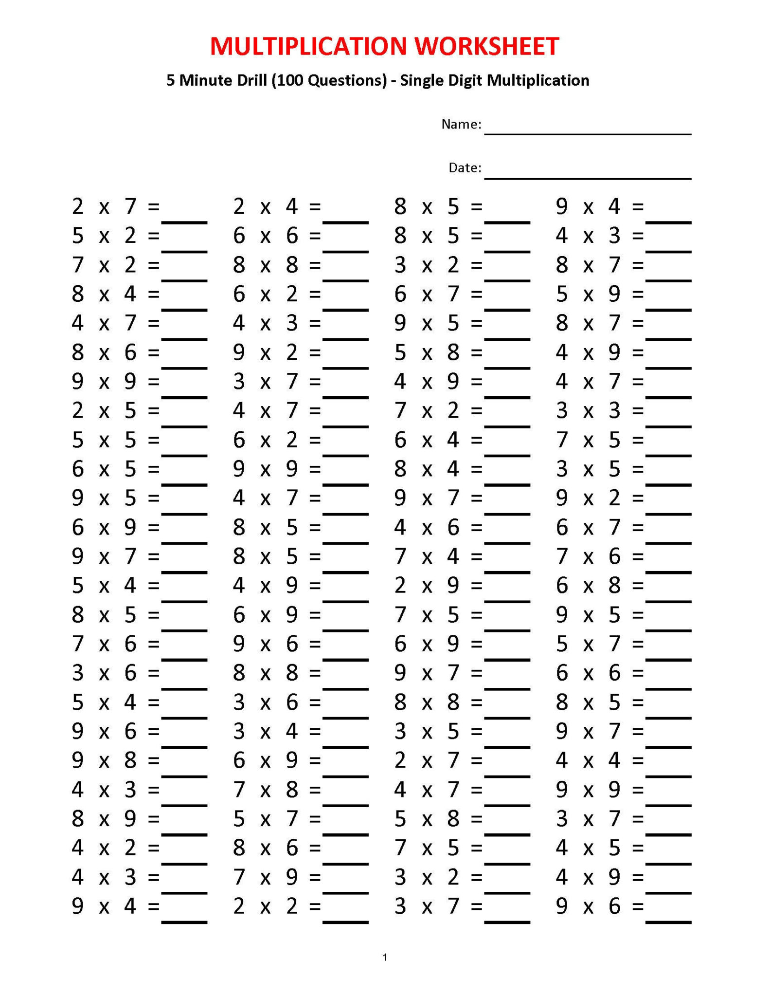 Multiplication Mad Minute Worksheets | Multiplication Worksheets