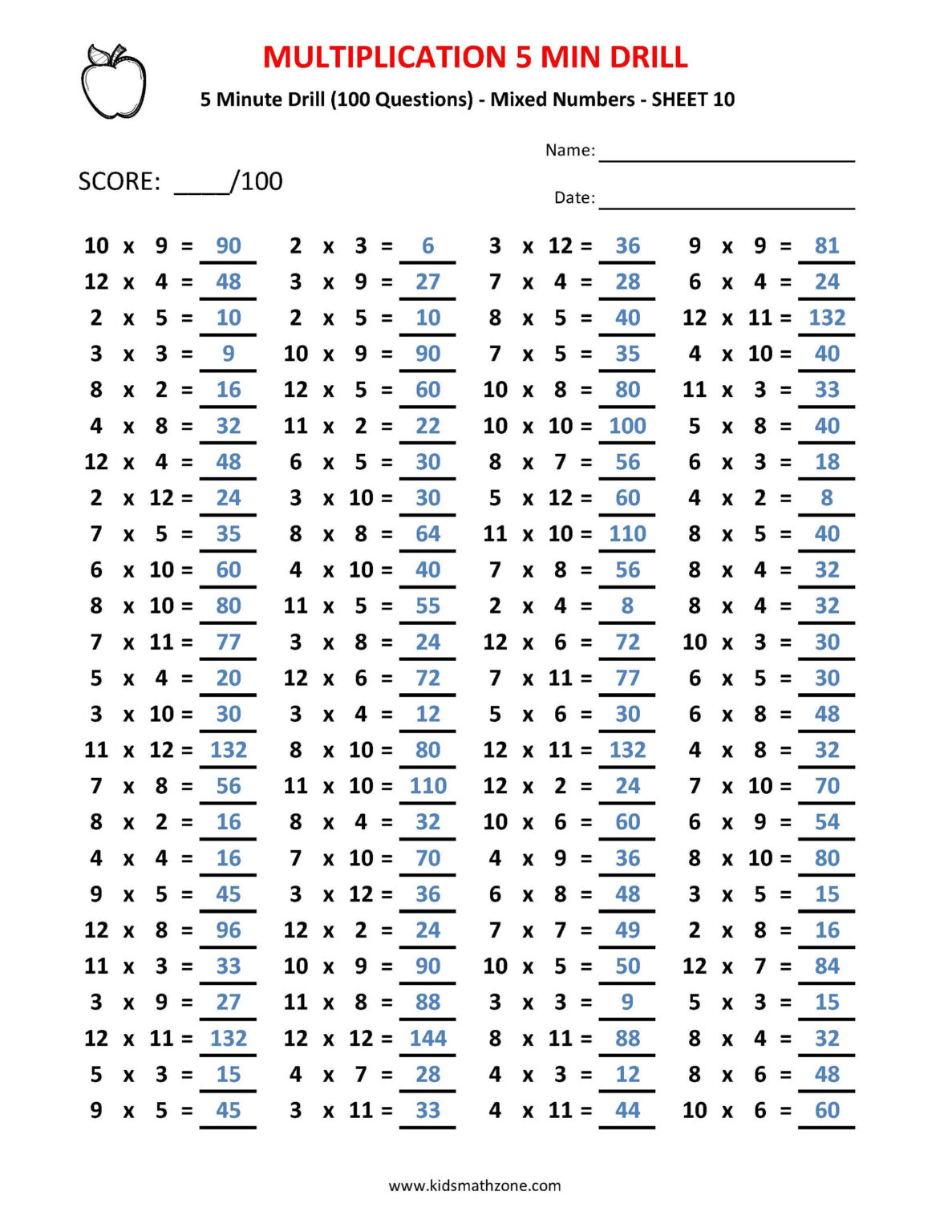 100 Multiplication Questions | Multiplication Worksheets