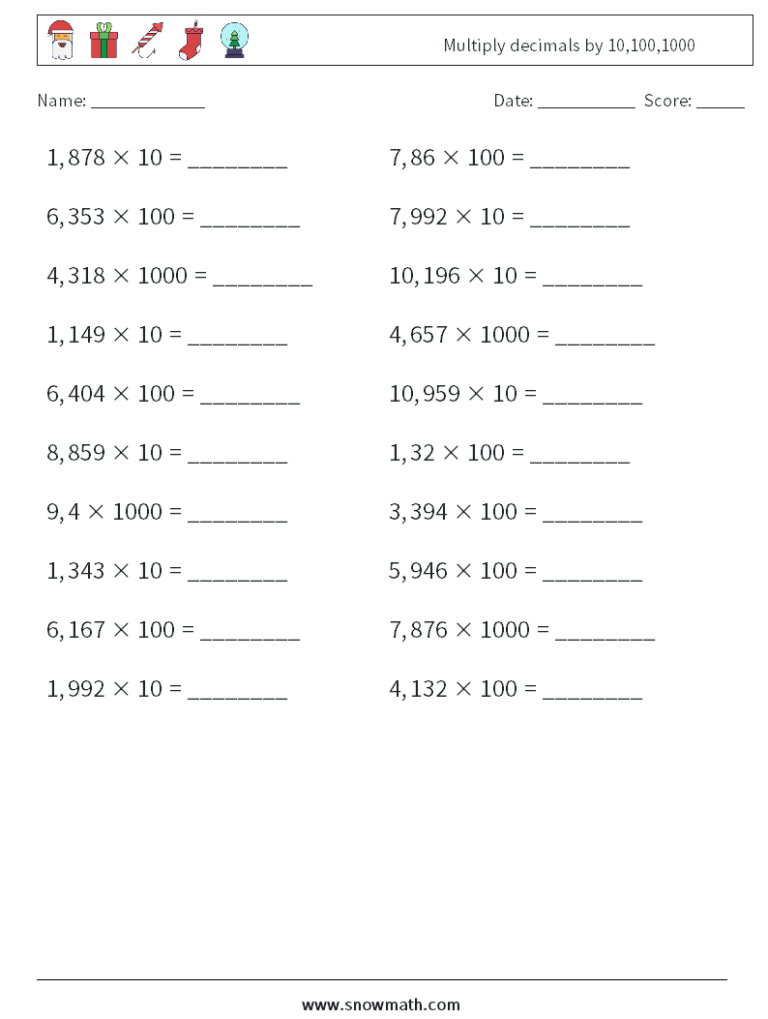 Multiplication of Decimals by 10 100 and 1000 Worksheets ...
